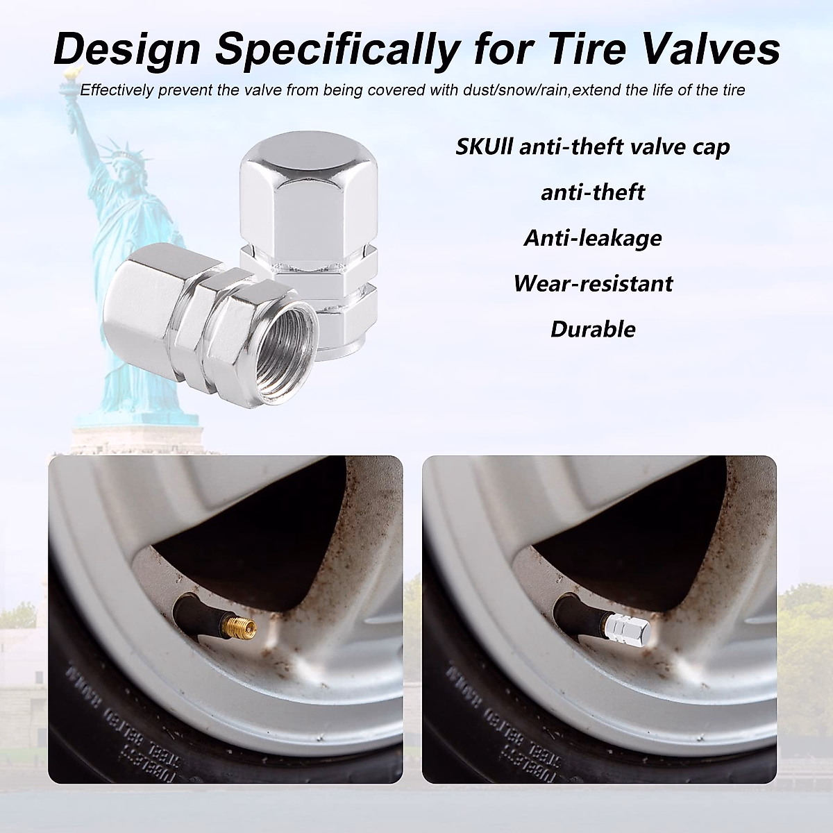 alpmosn Aluminum Tire Stem Valve Caps Wheel Valve Covers Car Dustproof Tire Cap Cover Accessories, Universal for SUV, Car, Bike and Motorcycle，Hexagon Shape (4PCS Silvery)