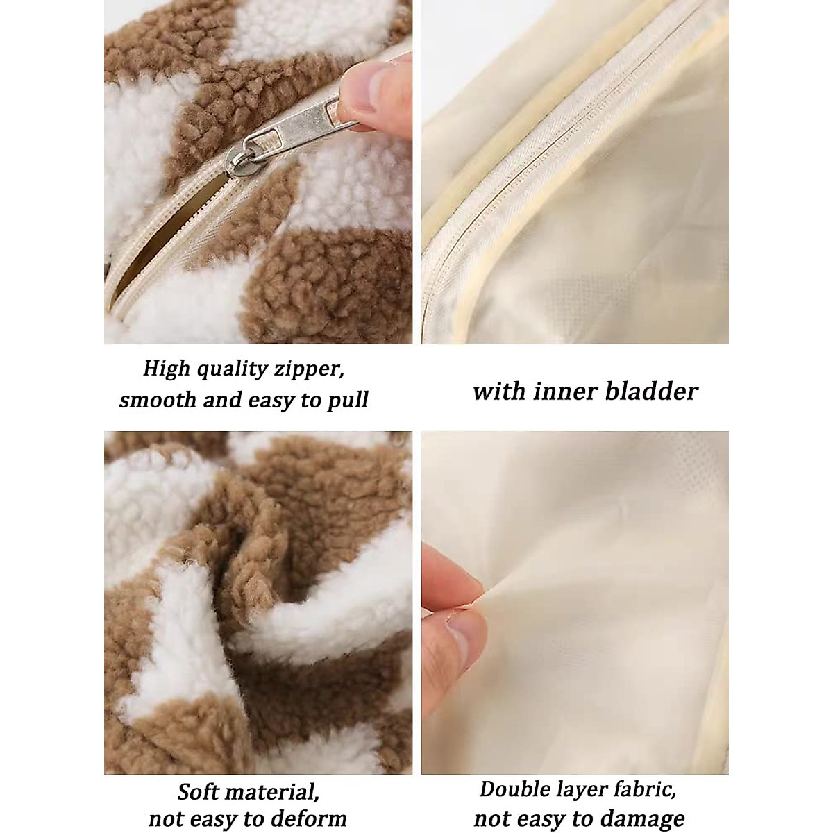 Cessfle Terry Cloth Small Makeup Bag, Checkered Plush Cosmetic Asthetic Plaid Handbags, Cute Zipper Travel Toiletry Soft Storage Pouch for Women