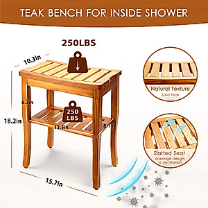 16 Inch Teak Shower Bench Stool with Storage Shelf, Waterproof Teak Spa Bathing Stool for Inside Shower, Bathroom Shower Chair for Adult Elderly Perfect for Indoor and Outdoor Use