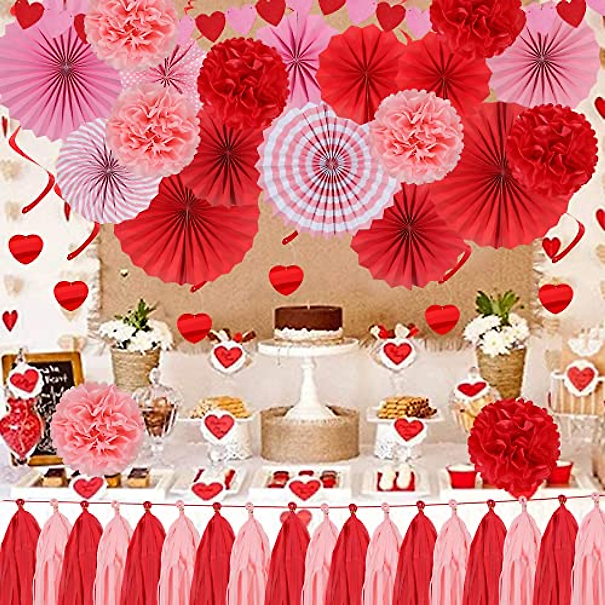 70pcs Valentines Day Red Pink Hanging Paper Fans Decorations - Wedding Bachelorette Party Barbecue Birthday Party Holidays Picnic Circus Carnival Valentines Day Party Photo Booth Backdrops Decorations