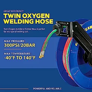 Goodyear Welding Hose Reel Retractable 1/4" Inch x 50’ Foot Twin Oxygen Acetylene Rubber Hoses STD Duty Max 300PSI Heavy Duty Industrial Single Arm Construction