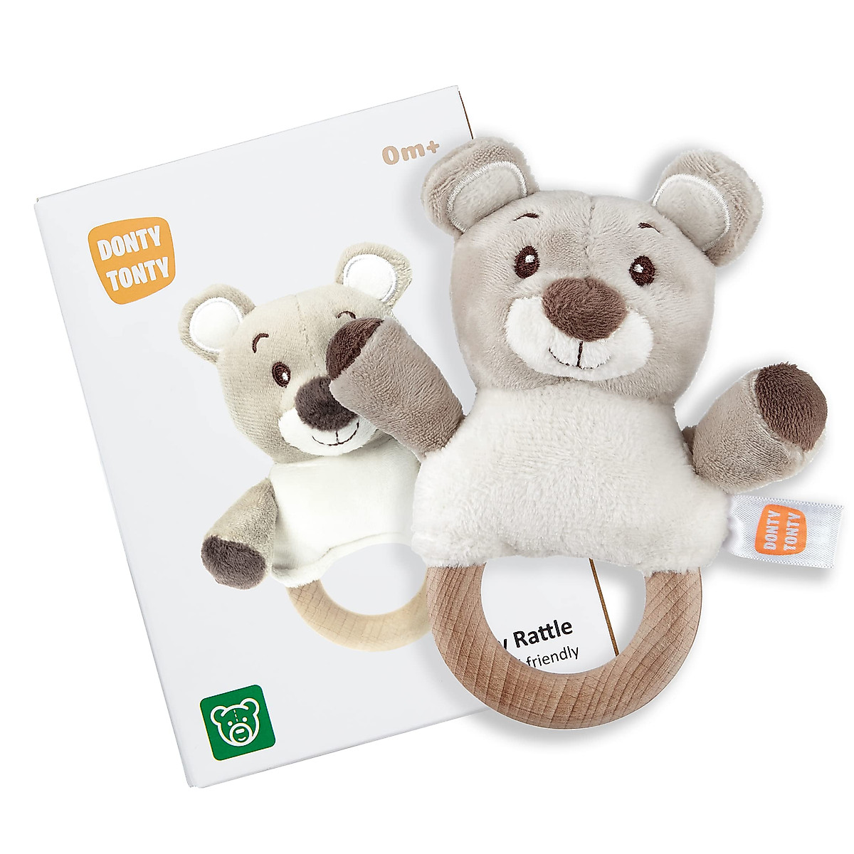 Donty-Tonty Premium Wood Baby Teether Rattle Toy Easter Gift Animals Soft Plush Shaker Toy with Natural Wooden Teething Ring Perfect Toddler, Newborn Boy, Girl Gifts for 0 3 6 9 12 Months - Grey Bear