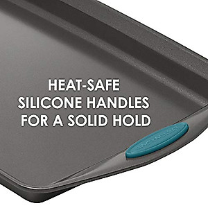 Rachael Ray Nonstick Bakeware Set with Grips includes Nonstick Baking Pans, Baking Sheet and Nonstick Bread Pan - 5 Piece, Gray with Marine Blue Handles