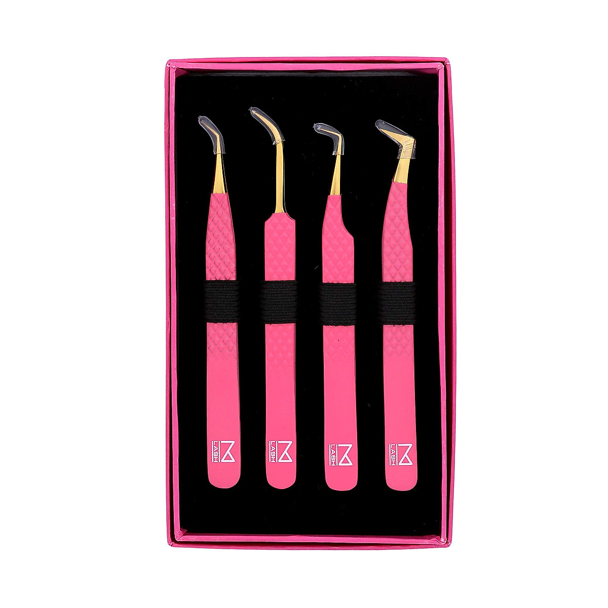 M LASH Tweezers for Eyelash Extensions (Set of 4) - Professional Lash Extension Tweezers - Fiber Tip, Japanese Steel, Diamond Grip Eyelash Extension Tweezer (Pink)