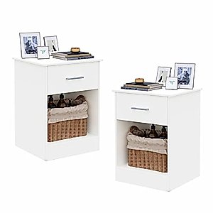 Reettic Wooden Nightstand Set of 2, End Table with Sliding Drawer and Opening Shelf, Sofa Side Table for Bedroom, White RCTG101W02