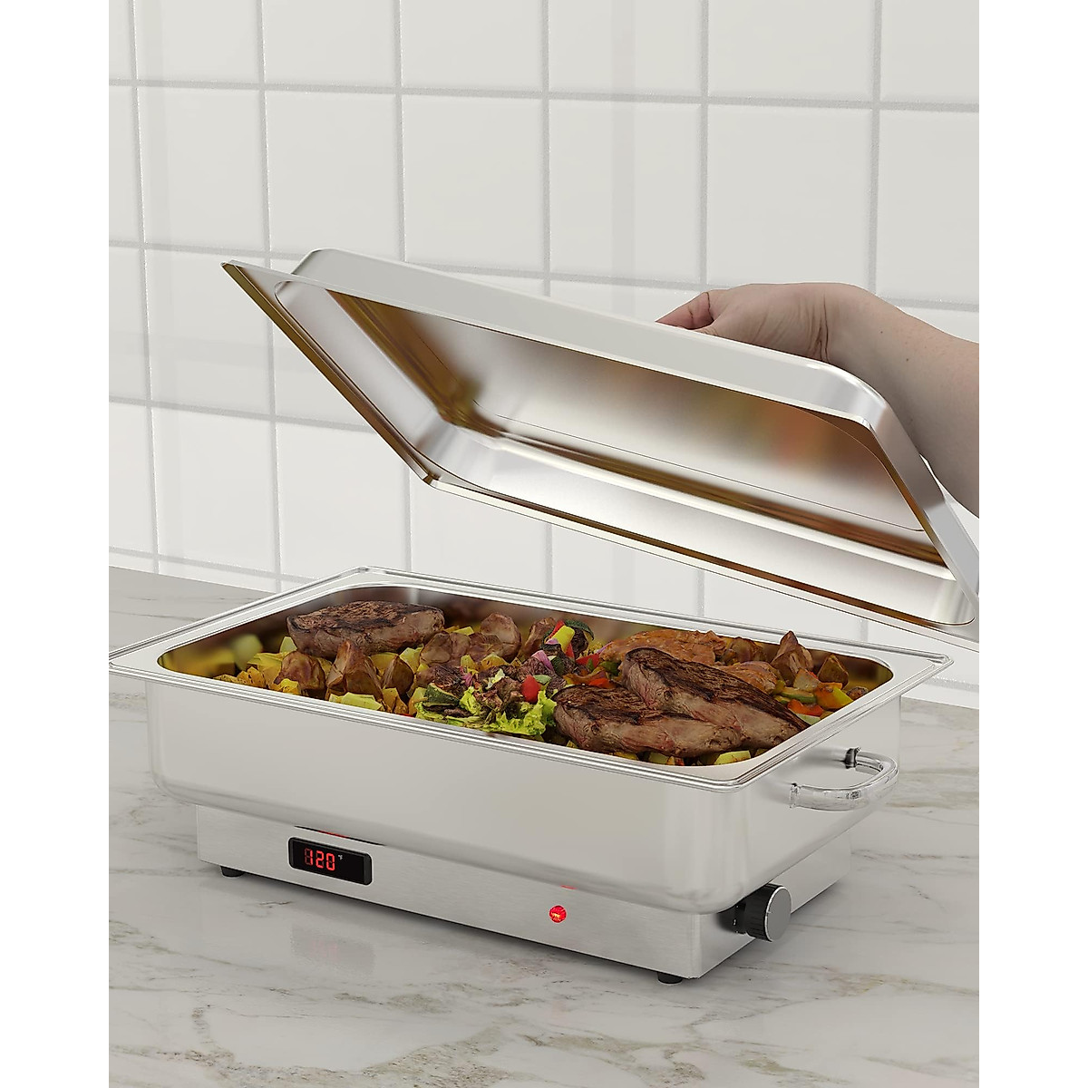 Electric Chafing Dish Buffet Set, 9QT Buffet Servers and Warmers Stainless Steel, Commercial Food Warmer with 1 Full-Size Pan & 2 Half-Size Pan, Temperature Control Display for Parties, Catering