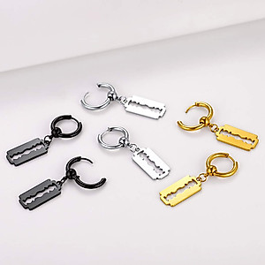 Huggie Hoop Earrings Set with Dangle Razor Stainless Steel Men Women Cartilage Earring Hoop Fits Sensitive Ears Hip Hop Jewelry