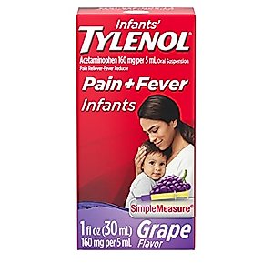 Tylenol Infants Oral Suspension Liquid Medicine with Acetaminophen, Baby Fever Reducer & Pain Reliever for Minor Aches & Pains, Sore Throat, Headache & Toothache, Grape Flavor, 1 fl. oz