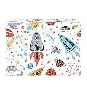 Krafig Cartoon Space Foldable Storage Box Large Cube Organizer Bins Containers Baskets with Lids Handles for Closet Organization, Shelves, Clothes, Toys