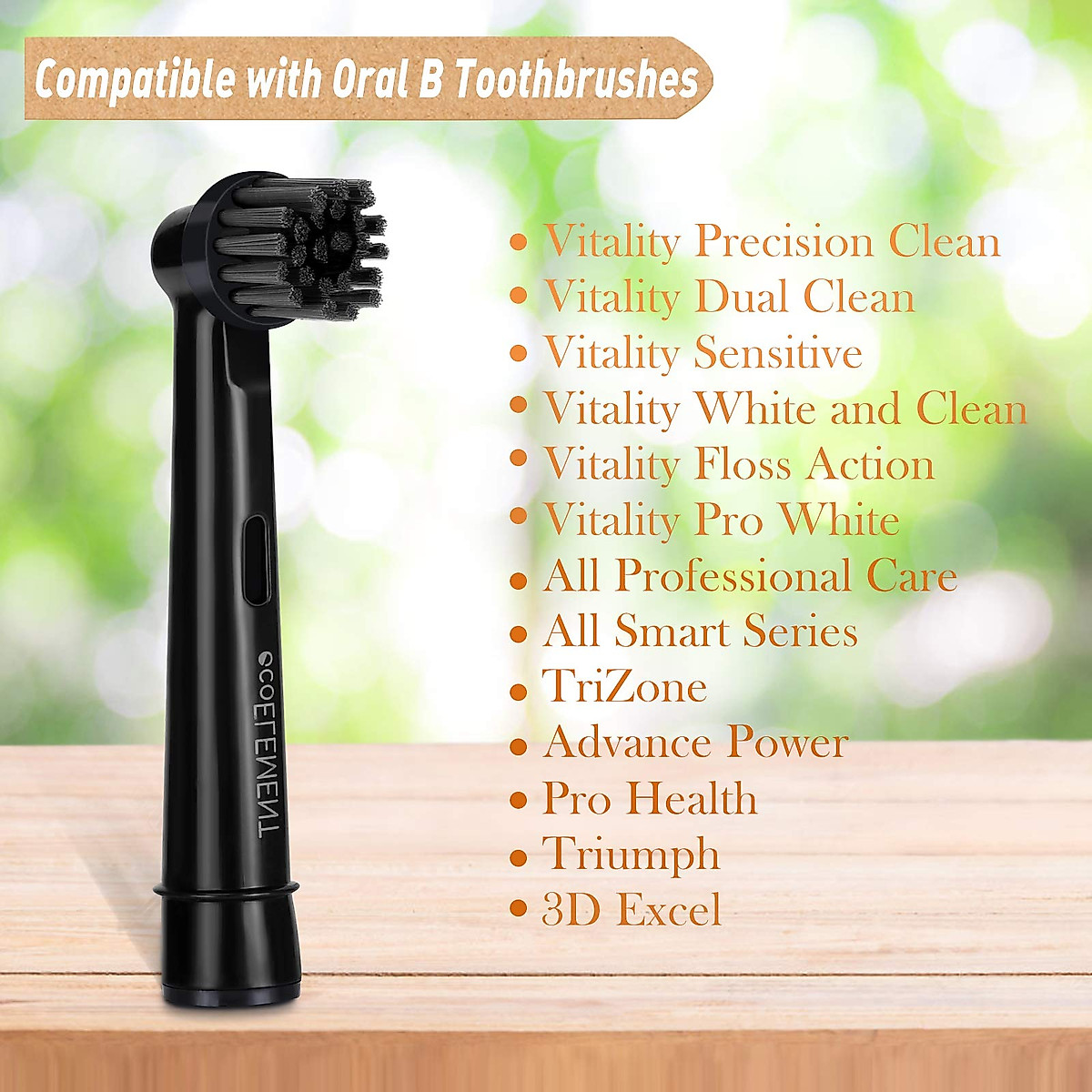 ecoELEMENT Electric Toothbrush Replacement Heads - Compatible with Oral B Black Replacement Heads for Adults Aged 16+, Pack of 8 Recyclable Charcoal Brush Heads for Oral Hygiene, Black