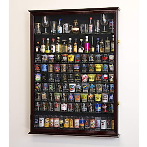 XL Shot Glass Display Case Rack Holder Cabinet for Tall Shooter and Mini Liquor Bottle -Cherry
