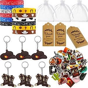 125 Pcs Western Party Favors Set Include Cowboy Rubber Bracelets Western Themed Boot Hat Keychains West Cowboy Stickers Kraft Paper Thank You Tags for Western Themed Party Cowboy Themed Baby Shower
