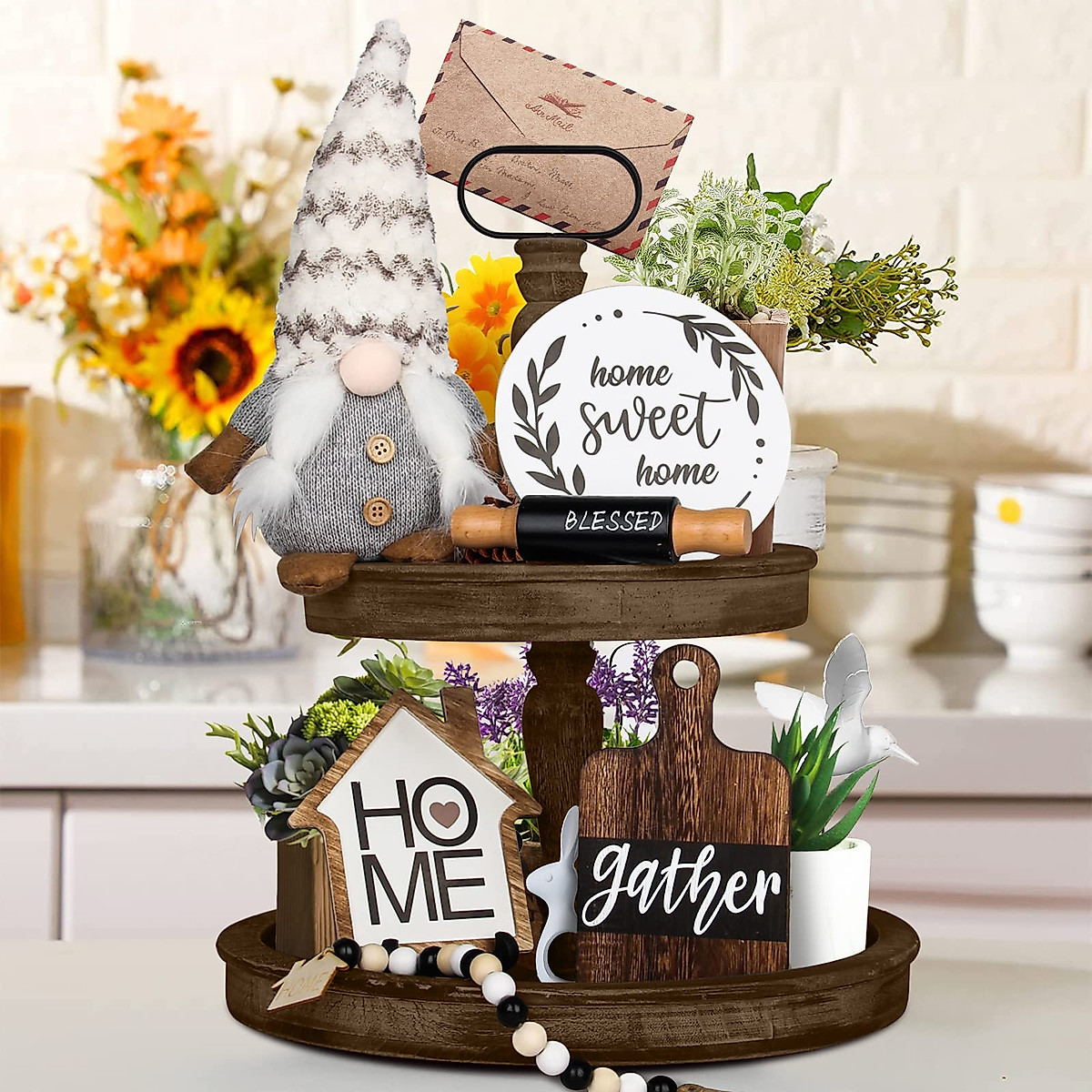 6 Pieces Farmhouse Tiered Tray Decor Items Gnomes Plush Home Sweet Home Decor Mini Signs Rolling Pin Wood Beads Garland Tiered Tray Decorations Set for Spring Summer Home Kitchen Shelf