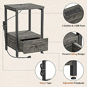 Ecoprsio Nightstands Set of 2 with Charging Station, Modern Night Stand Bedside Table with Storage Drawer and Shelf, End Side Table with USB Ports & Power Outlets for Bedroom Living Room, Grey Oak