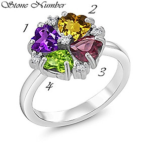 Gem Stone King 925 Sterling Silver Personalized Customized 4 Gemstone Birthstone Name Engraved Heart Shape Ring For Women (Available In Size 5, 6, 7, 8, 9)