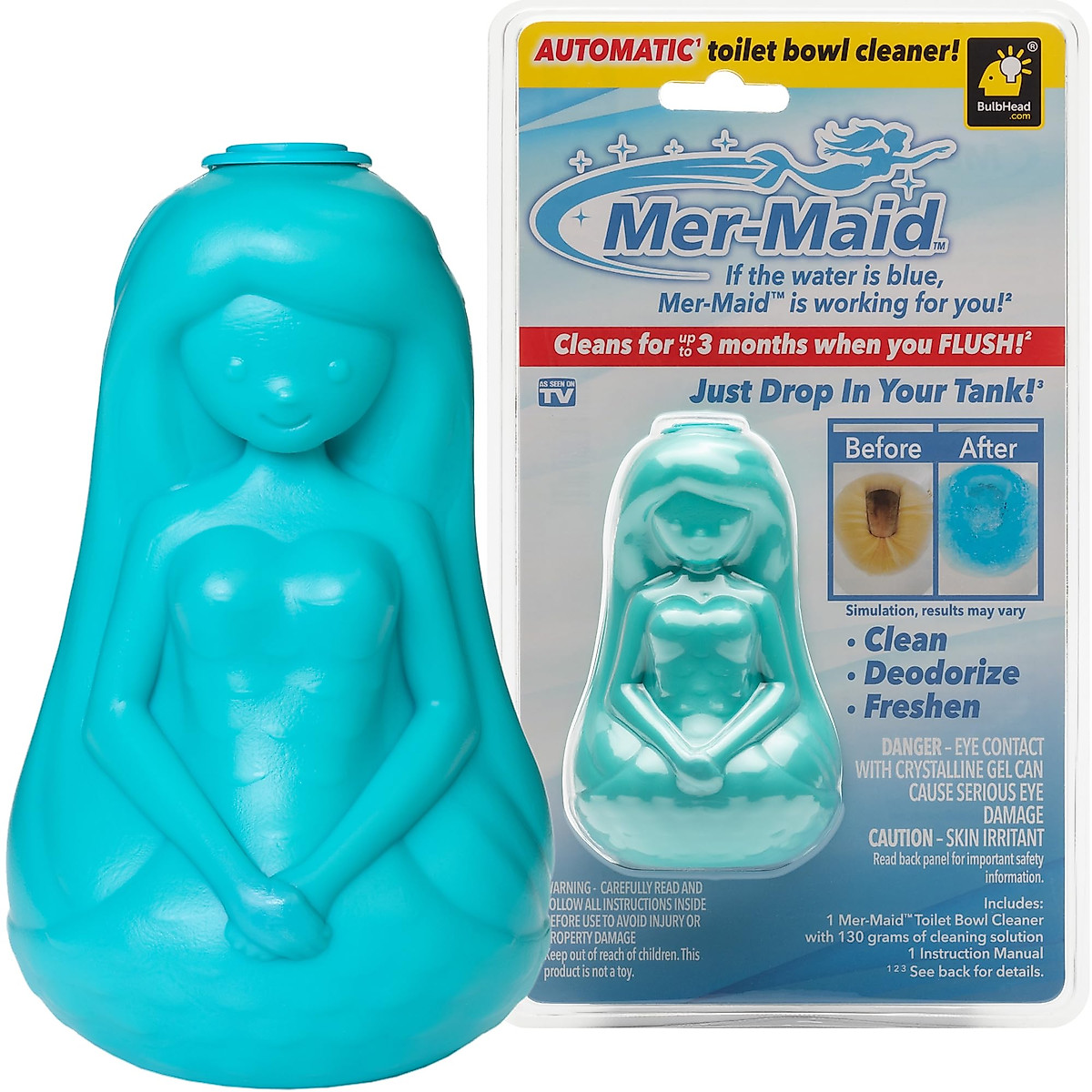 Mer-Maid Automatic Toilet Bowl Cleaner, AS-SEEN-ON-TV, Cleans, Freshens, and Deodorizes with Every Flush, Lasts Up to 3 Months, Ultra-Strength Concentrated Formula, Just Drop It in Your Tank, 4 In, Blue