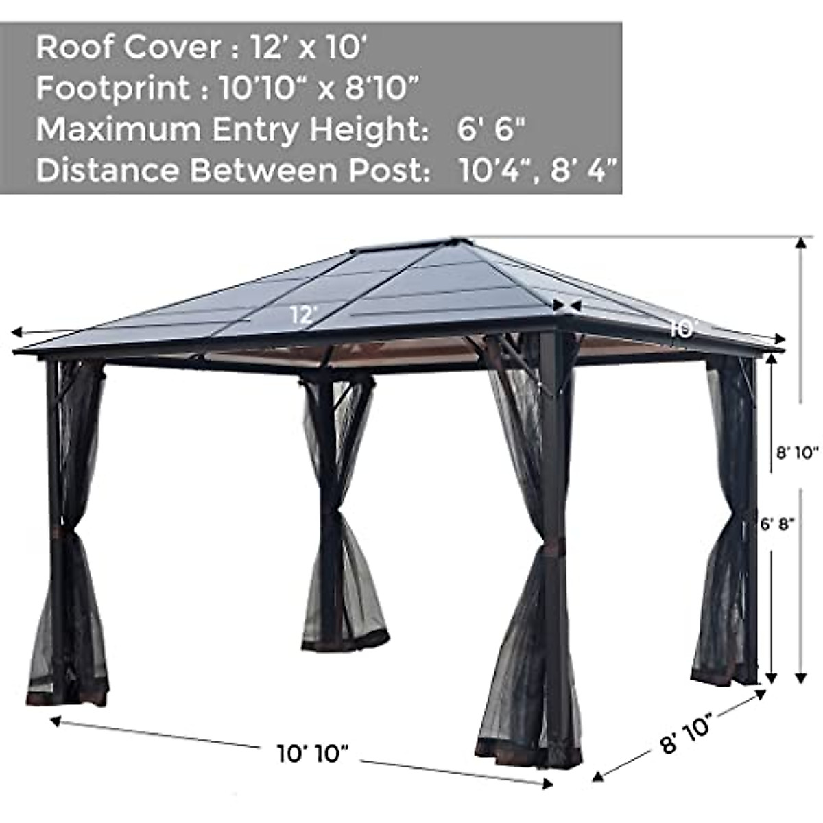 12 Ft. X 10 Ft. Outdoor Aluminum Gazebo with Hardtop Netting for Lawn, Backyard