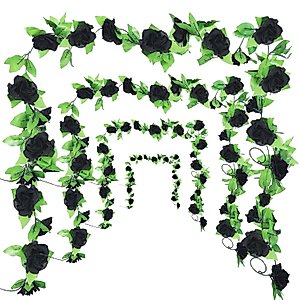 WILLBOND 4 Pieces 7.7 Feet Fake Rose Vine Artificial Vine with Flowers Rose Garland Vintage Faux Flowers Decorations for Home Wedding Party Garden Hotel Office Decor (Black)