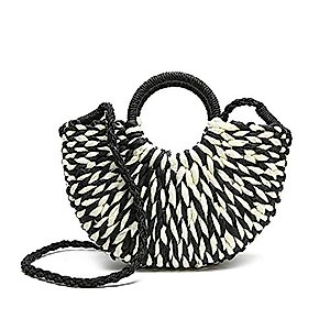 QTKJ Women Summer Retro Straw Tote Bag Hand-woven Boho Shoulder Bag Crossbody Bag Round Handle Beach Handbags (Black)