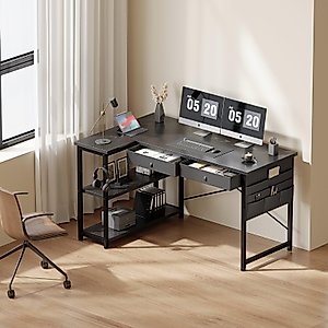 Ｍａｉｈａｉｌ Maihail Home Office Desk with Drawers and Shelves, 47” Computer Corner Desk for Small Space, Small L Shaped Desk with Side Storage for Bedroom, Black