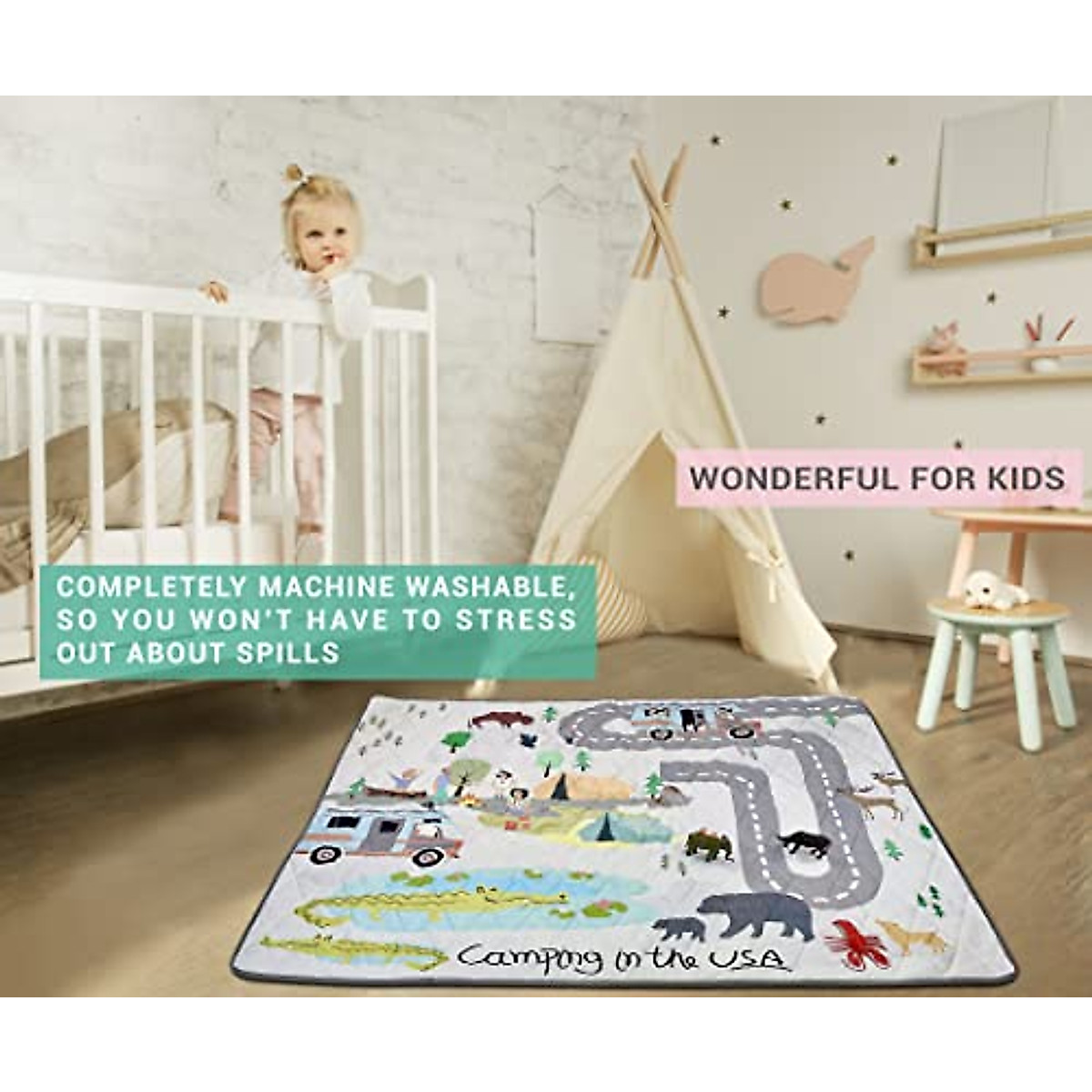 Baby Play Mat, Washable Play Mat for Baby 43"x43", Foldable Kids Tents Mat, Baby Play Gym Mat, Play Tent Mat for Toddler, Baby Tummy Time Mat, Non-Slip (Camping in The USA)