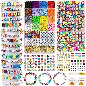 Korlon 7280 Pcs Clay Beads for Bracelets Making, Including 240 Pcs Fruit Flower Polymer Clay Bead Charms with Round Flat Heishi Clay Bead Kit for DIY Craft Necklace Jewelry