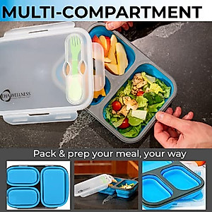 CHEESE CHOPPER Collapsible Food Storage Container for Meal Prep | 3 Separate Compartments with Clip in Fork & Spoon | Microwave, Dishwasher Safe & BPA Free