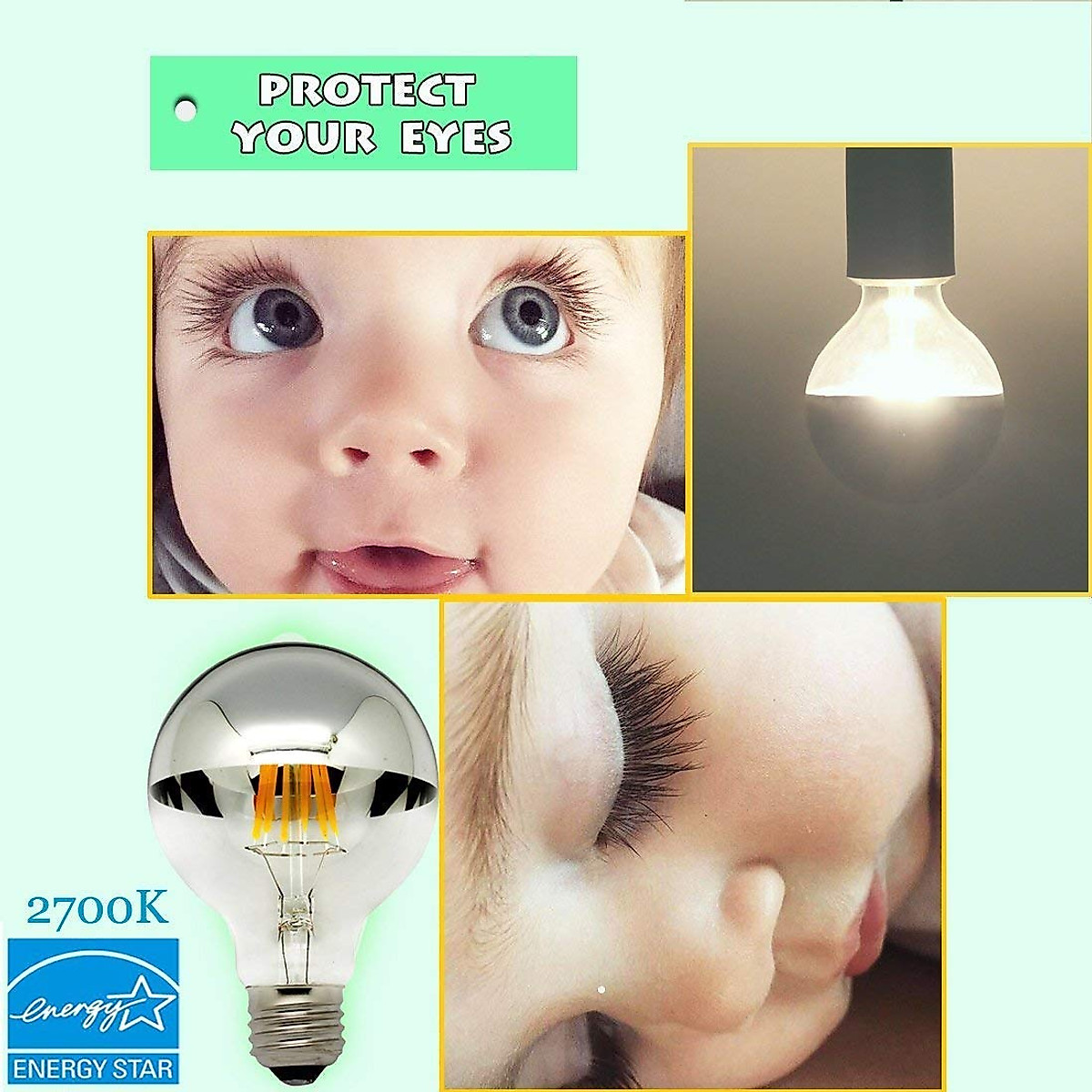 LUXON Half Chrome Light Dimmable,LED Filament Vintage Bulb with Mirror 6W (60W Equivalent) G80/G25 E26 Medium Base Warm White 2700K, 2 Pack