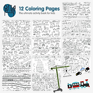 Sticker Book for Kids 2-4, 500+ Kids Stickers, Cars, Trucks, Planes & Trains 12 Coloring Pages 12 Side by Side Scenes, Fun Toddler Travel Activity Coloring and Sticker Books for Ages 4-8 + 8-10