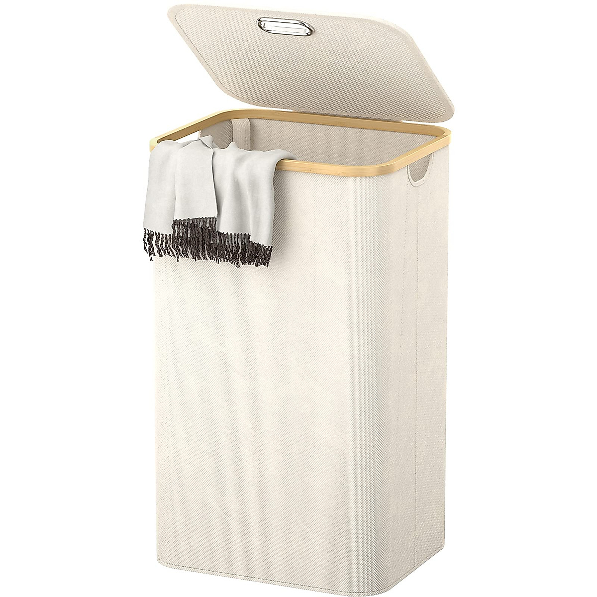 Homykic Laundry Hamper with Lid, 100L Tall Laundry Basket Collapsible with Bamboo Handles, Large Waterproof Laundry Bin Storage for Dorm, Bathroom, Bedroom, Clothing, Clothes, Toys, Cream White