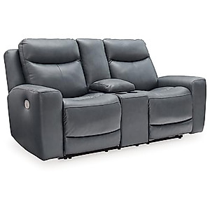 Signature Design by Ashley Mindanao Modern Leather Match Upholstered Power Reclining Loveseat with Console, USB Ports and Cup Holders, Gray