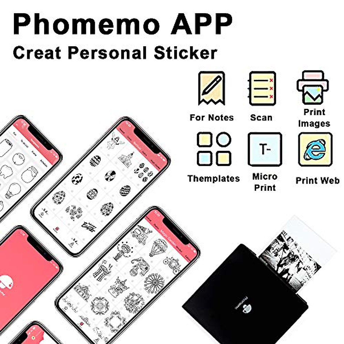 Phomemo M02 Wireless Sticker Printer, Portable Bluetooth Photo Printer Pocket Thermal Sticker Maker Mobile Printer, Compatible with iOS and Android, for Print Photo, Journal, Fun, Black and White