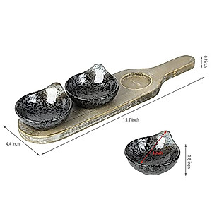 MyGift Rustic Brown Solid Wood Serving Tray and Ceramic Condiment Bowl Set Includes Speckled Black Dipping Sauce Bowls for Dips, Sauces, Toppings and Appetizers
