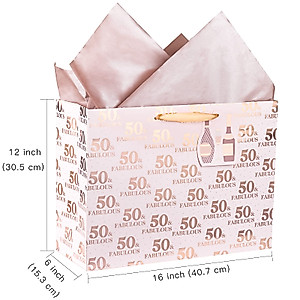 LeZakaa 16" Large Gift Bag with Tissue Paper, Gift Tag and Card,50 & Fabulous Lettering with Metallic Gold Foil on Pink for Anniversary, Birthday