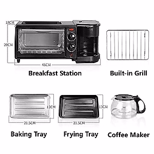 Multifunction Breakfast Station 3 In 1 Toaster Mini Oven With Coffee Maker With Glass Lid & Griddle For Home Breakfast Bread Pizza Egg Coffee Cooking