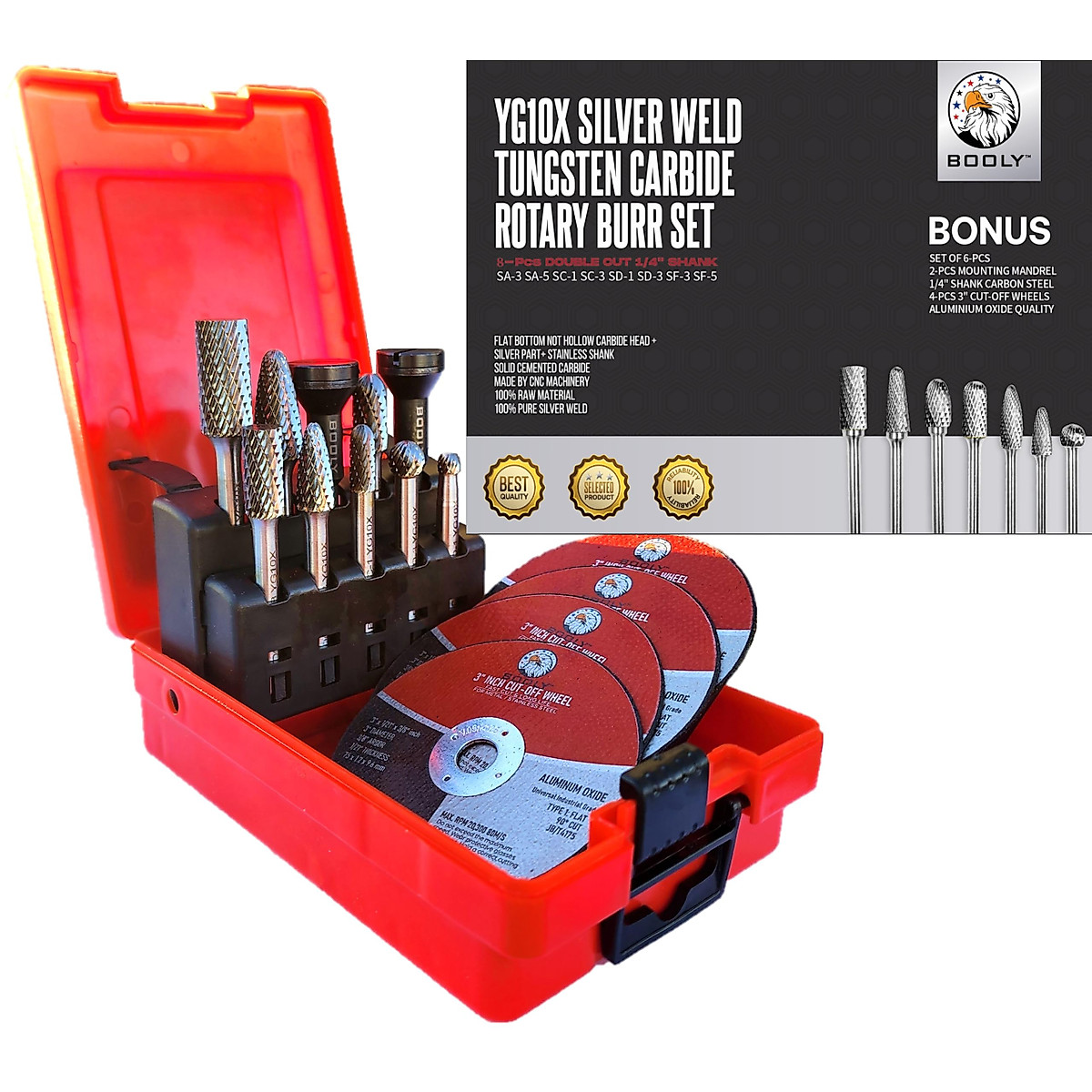 Premium-Grade Die Grinder Bits Carbide Burr Set 1/4 Shank 8-PC Double-Cut Rotary Metal Grinding Bits for Dewalt Milwaukee & Die Grinders Accessories/Bonus Kit: 4-PC 3" Cut-Off Wheels + 2-PC Mandrels