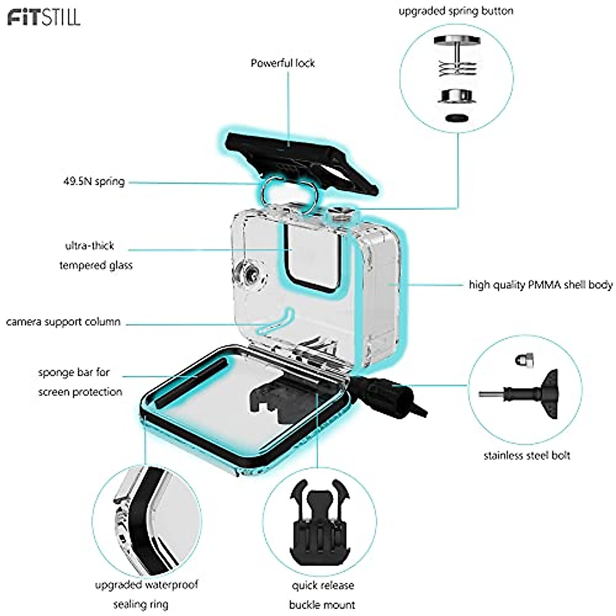 FitStill 60M Waterproof Case for Go Pro Hero 8 Black, Protective Underwater Dive Housing Shell with Bracket Accessories for Go Pro Hero8 Action Camera
