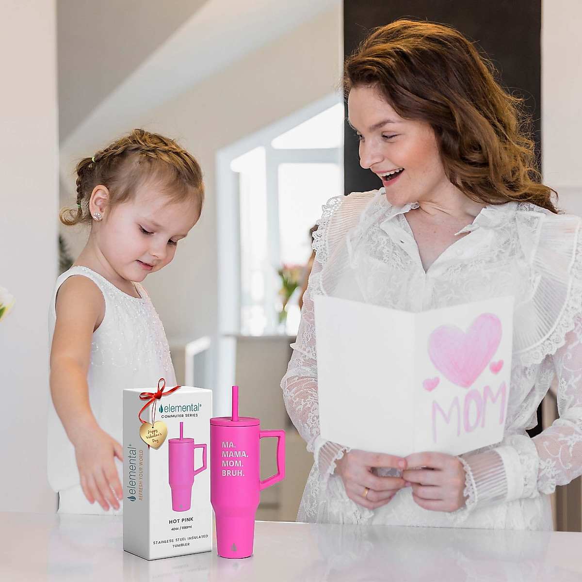 Best Valentine 40oz Tumbler for Her - Insulated Travel Tumbler with Handle, Lid and Straw - Gift for Mom & Mother In Law on Valentine's Day, Birthday & Mother’s Day - Hot Pink