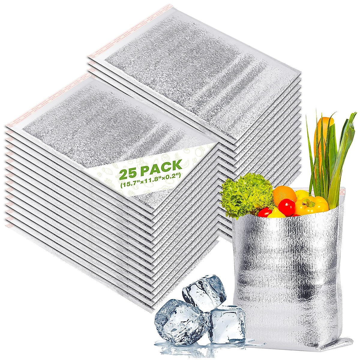 QLOUNI 25 Pcs Reusable Insulation Bags Self-seal Thermal Box Liners Metalized Box Liners Lunch Food Box Packing Pouches Insulation Lining Waterproof Insulation Grocery Delivery Package, 11.8"x13.8"