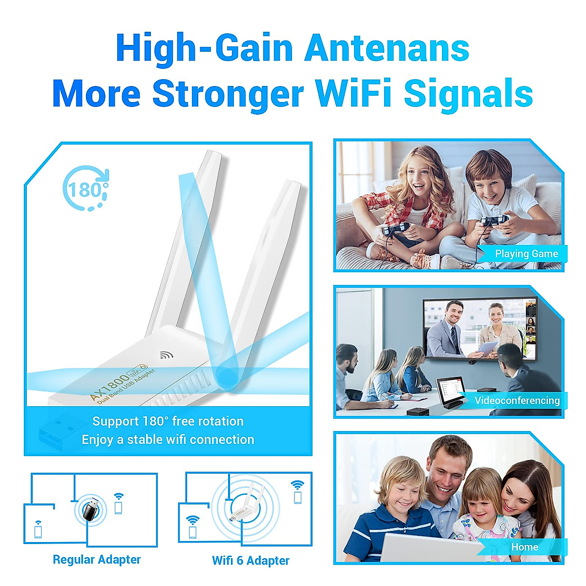 Wireless USB WiFi 6 Adapter for PC - 1800Mbps USB3.0 WiFi Adapter for Desktop PC Laptop with 5Ghz/2.4Ghz Dual Band USB wifi adapter for pc support Windows7/10/11, Wireless Adapter for Desktop Computer