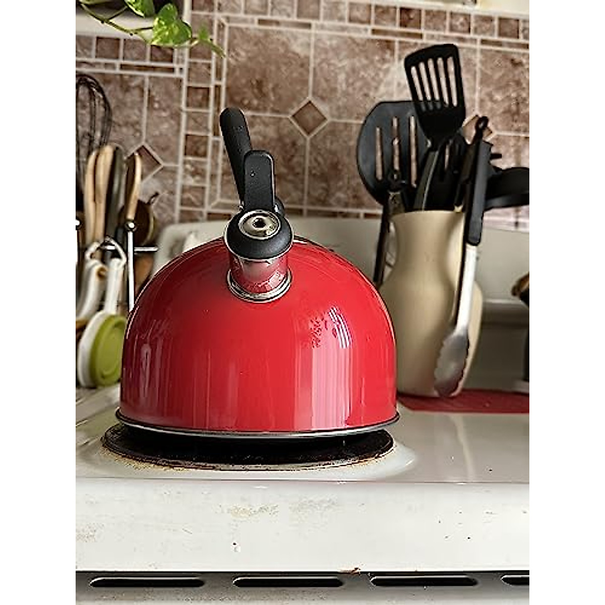 Deep Red 2.5 Quart Whistling Tea Kettle - Constructed from 18/8 Stainless Steel and Ergonomic Stay Cool Handle with One-Hand Pouring Mechanism