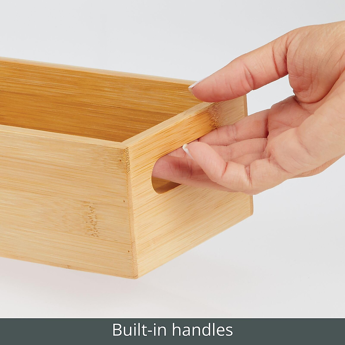 mDesign Bamboo Kitchen Cabinet & Fridge Drawer Organizer Tray with Handle - Storage Bin for Cutlery, Serving Spoons, Cooking Utensils, Gadgets - 2 Pack - 9" Wide - Natural Wood Finish