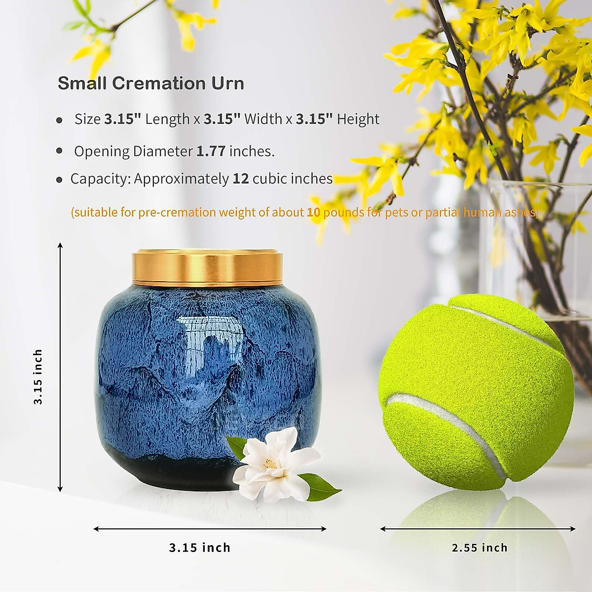 Blue Handmade Ceramic Urn for Ashes - 6.7 fl oz (0.8 Cup) Memorial Keepsake (3.15" H) with Secure Aluminum Lid, Small Urn for Pets, Children & Sharing Adult Ashes