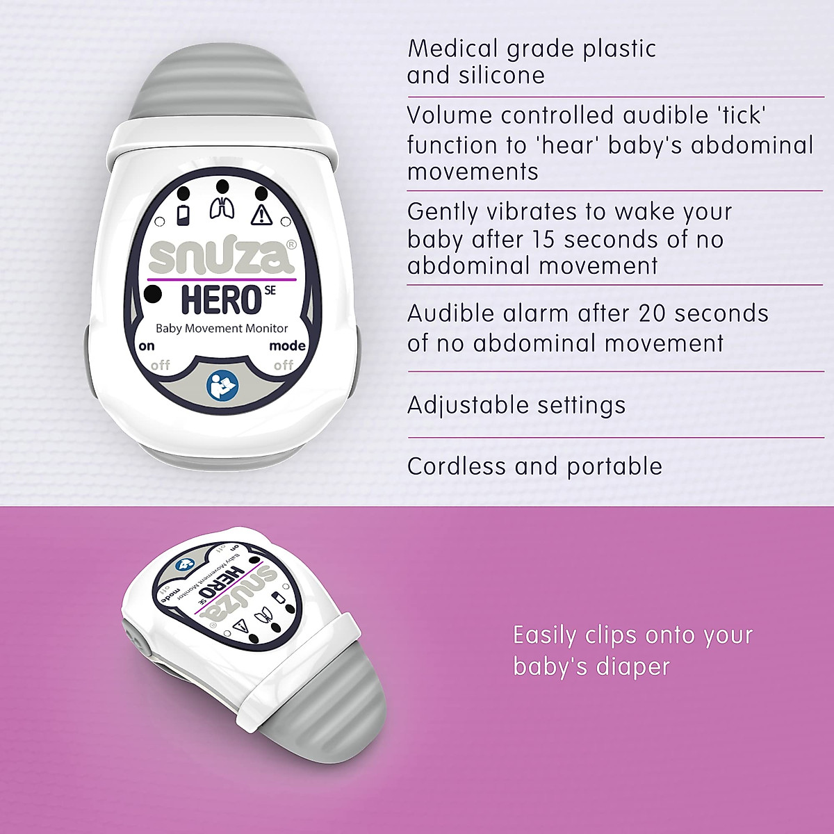 SNUZA Hero - Portable, Wearable Baby Abdominal Movement Monitor with Vibration and Alarm. - Newly Upgraded - Safer Sleeping for Infants.