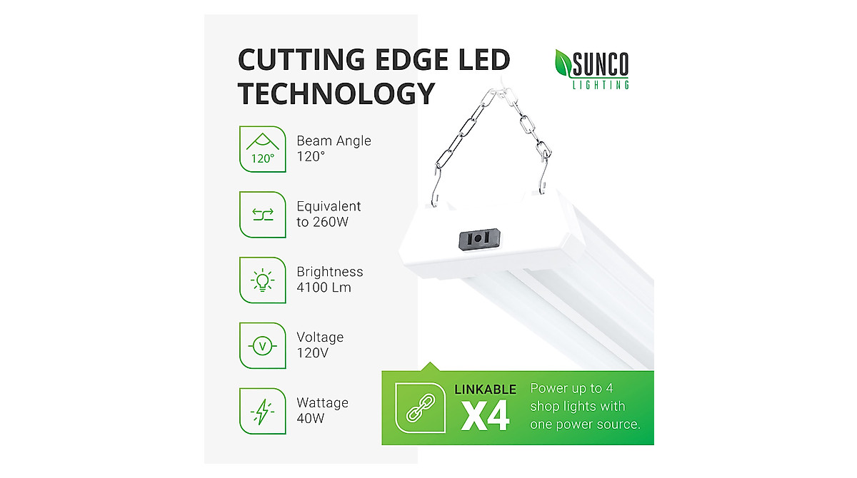 Sunco Motion Sensor 4ft LED Shop Light, Garage Lights Ceiling LED Plug ...