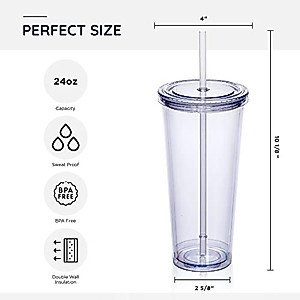 Zephyr Canyon 24oz Double Wall Plastic Tumblers with Lids and Straws | Large Classic Travel Tumbler | Clear Reusable Cups with Straws | BPA Free (Multicolor - 4 Pack)