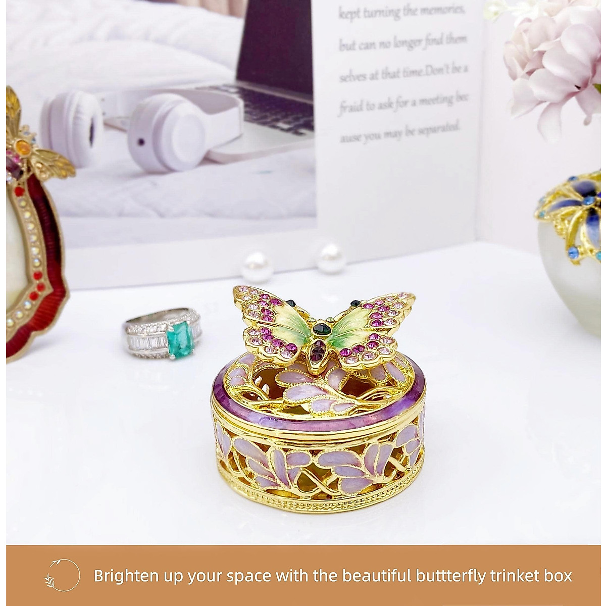 JWT Astyle Elegant Butterfly Jewelry Trinket Boxes.Enameled Decorative Keepsake Ring Box Holder Necklace Earrings Organizer Home Decor.Butterfly Gifts for Women