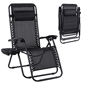 AthLike Outdoor Textilene Zero Gravity Chairs Set, Adjustable & Folding Patio Lawn Reclining Lounge, Anti-Gravity Camping Metal Steel Chair w/Side Table, Cup Holders, Pillows (Black)