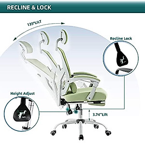 Sweetcrispy Swivel Rolling Padded Armrests Headrest, High Back Lumbar Pillow and Retractable Footrest Ergonomic Home Office, Height Adjustable Reclining Mesh Chair, Green