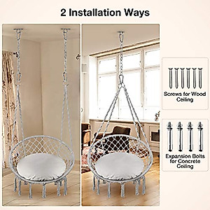 Greenstell Swing Hanging Chair, Hold Up to 350LBS/158KG Hammock Chair with Hanging Kits and Removable & Washable Cushion, Cotton Rope Macrame Swing Chair for Outdoor, Indoor, Grey